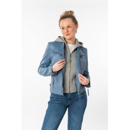 Mauritius Damen Lederjacke "NOLA", blau, Gr. XL, unifarben, Obermaterial: 100% Schafsleder. Futter: 100% Baumwolle. Kapuze: 52% Baumwolle, 48%