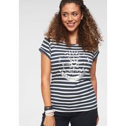 Kangaroos Damen Print-Shirt, blau, Gr. 44, bedruckt, gestreift, Single Jersey, Obermaterial: 50% Baumwolle, 50% Modal, Shirts, Kurzarm, figurbetonter