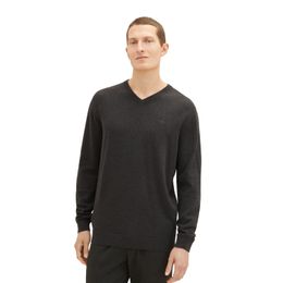 Tom Tailor Herren V-Ausschnitt-Pullover, schwarz, Gr. S, meliert, Strick, Obermaterial: 100% Baumwolle, Pullover, mit kleiner Logo-Stickerei