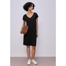 Jerseykleid Street One, Damen, Gr. 34, EURO-Gr&ouml;&szlig;en, schwarz, Jersey, 95% Viskose, 5% Elasthan, unifarben mit Farbeins&auml;tzen, normal knielang, V-Ausschnitt, B&uuml;ndchen, Kleider Jerseykleid, aus Viskose