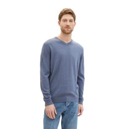 Tom Tailor Herren V-Ausschnitt-Pullover, blau, Gr. XXXL, meliert, Strick, Obermaterial: 100% Baumwolle, Pullover, mit kleiner Logo-Stickerei