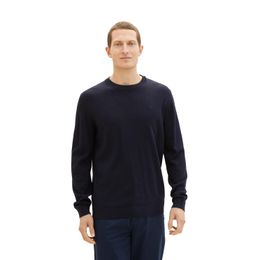 Tom Tailor Herren Rundhalspullover, blau, Gr. M, Strick, Obermaterial: 100% Baumwolle, Pullover, mit Logostickerei