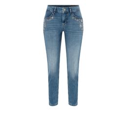 MAC Damen Slim-fit-Jeans "RICH SLIM 7/8 flower", blau, Gr. 48, unifarben, Denim/Jeans, Obermaterial: 88% Baumwolle, 9% Elastomultiester, 3% Elasthan,