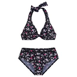 Lascana Damen B&uuml;gel-Bikini, schwarz, Gr. 38, bedruckt, gebl&uuml;mt, Polyamid, Bikini-Sets, mit Lochbord&uuml;re