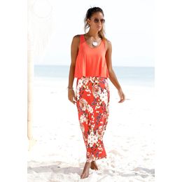 s.Oliver Damen Maxikleid "im Lagen-Look mit Blumenprint", orange, Gr. 46, Jersey, Obermaterial: 100% Viskose, Kleider, lockeres Sommerkleid,
