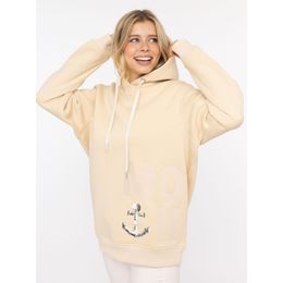 Hoodie Zwillingsherz "Moin", Damen, Gr. L/XL, beige, angeraute Sweatware, Obermaterial: 50% Baumwolle, 50% Polyester, comfort fit h&uuml;ftlang, V-Ausschnitt, Sweatshirts Hoodie, mit Paillettenanker und gesticktem Schriftzug