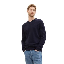 Tom Tailor Herren V-Ausschnitt-Pullover, blau, Gr. L, meliert, Strick, Obermaterial: 100% Baumwolle, Pullover, mit kleiner Logo-Stickerei