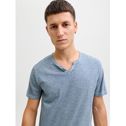 Jack & Jones JACK & JONES Herren T-Shirt "SPLIT NECK TEE", blau, Gr. S, unifarben, Jersey, Obermaterial: 100% Baumwolle, Shirts, mit V-Ausschnitt