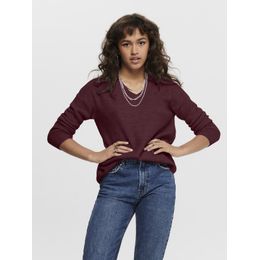 Only Damen Strickpullover "ONLCAMILLA V-NECK L/S PULLOVER KNT NOOS", rot, Gr. S, meliert, Strick, Obermaterial: 74% Polyacryl, 24% Polyester, 2%