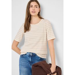 Rundhalsshirt Cecil, Damen, Gr. L (42), pearl beige, Web, 95% Baumwolle, 5% Elasthan, gestreift, comfort fit normal, Rundhals, abgesteppt, Shirts Rundhalsshirt, Rundhalsausschnitt