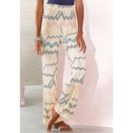 Lascana Damen Pyjamahose, Gr. 32, beige, Single Jersey, Obermaterial: 95% Viskose, 5% Elasthan, bedruckt, gemustert, Basic, Hosen, mit grafischem