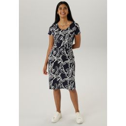 Damen Sommerkleid, blau, Gr. 48, Aniston SELECTED, bedruckt, gebl&uuml;mt, Jersey, Obermaterial: 95% Viskose, 5% Elasthan, Kleider, mit zwei