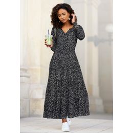 Lascana Damen Maxikleid "mit Blumenprint und Volants aus gewebter Viskose, locker bequemer Look", beige, Gr. 44, bedruckt, gebl&uuml;mt, Web,