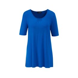 GOLDNER Damen Langarm-Poloshirt "Kurzgr&ouml;&szlig;e Zeitloses Shirt mit modernem Raffdetail", blau, Gr. 21, Obermaterial: 95% Viskose CV. 5% Elasthan EL.,