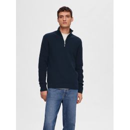 Selected Herren Troyer "SLHDANE LS KNIT STRUCTURE HALF ZIP NOOS", blau, Gr. S, unifarben, Strick, Obermaterial: 100% Baumwolle, Pullover, Baumwolle,