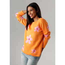 Damen Rundhalspullover, bunt, Gr. 38, Aniston SELECTED, gebl&uuml;mt, leicht gl&auml;nzend, Feinstrick, Obermaterial: 90% Baumwolle, 10% metallisierte Fasern,