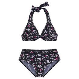 Lascana Damen B&uuml;gel-Bikini, schwarz, Gr. 42, bedruckt, gebl&uuml;mt, Polyamid, Bikini-Sets, mit Lochbord&uuml;re