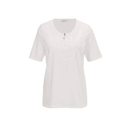 GOLDNER Damen Kurzarmshirt "Kurzgr&ouml;&szlig;e Rundhalsshirt mit H&auml;kelspitze", beige, Gr. 21, Obermaterial: 92% Baumwolle CO. 8% Elasthan EL., Shirts,
