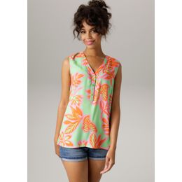 Aniston CASUAL Damen Blusentop, gr&uuml;n, Gr. 46, bedruckt, Web, Obermaterial: 100% Viskose, Blusen, mit farbintensivem, gro&szlig;fl&auml;chigem Bl&auml;tter-Druck
