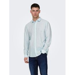 Only & Sons ONLY & SONS Herren Langarmhemd "ONSCAIDEN LS SOLID LINEN SHIRT NOOS", blau, Gr. L, unifarben, Web, Obermaterial: 55% Baumwolle, 45% Leinen, Hemden,