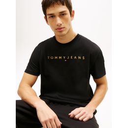 Tommy Jeans Herren T-Shirt "TJM REGULAR LINEAR LOGO EXT", schwarz, Gr. XXL, bestickt, unifarben, Single Jersey, Obermaterial: 100% Baumwolle, Shirts,