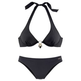 Bruno Banani Damen B&uuml;gel-Bikini, schwarz, Gr. 36, unifarben, Microfaser, Bikini-Sets, mit gold-schwarzenen Accessories