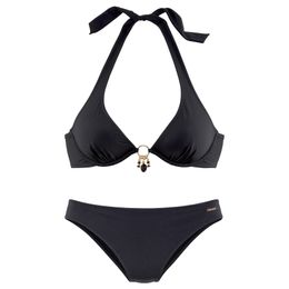 Bruno Banani Damen B&uuml;gel-Bikini, schwarz, Gr. 36, unifarben, Microfaser, Bikini-Sets, mit gold-schwarzenen Accessories