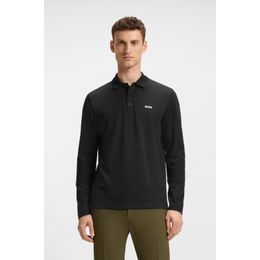 BOSS Green Herren Langarm-Poloshirt "Plisy", schwarz, Gr. S, unifarben, Jersey, Obermaterial: 100% Baumwolle, Shirts, mit Streifen am Kragen