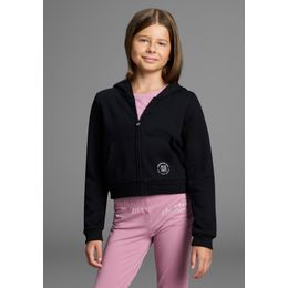 H.I.S. H.I.S M&auml;dchen Kapuzensweatjacke "Kurzgeschnittene Sweatjacke mit H.I.S Logoprint f&uuml;r M&auml;dchen", schwarz, Gr. 152, bedruckt, angeraute Sweatware,