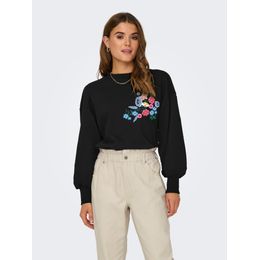 Only Damen Sweatshirt "ONLBROOKE L/S O-NECK FLOWER SWT", schwarz, Gr. XS, bedruckt, Sweatware, Obermaterial: 60% Baumwolle, 40% Polyester,