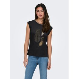 Only Damen Kurzarmshirt "FEEL/FEATHERS TOP BOX CS JRS", schwarz, Gr. M, bedruckt, unifarben, Jersey, Obermaterial: 100% Baumwolle, Shirts
