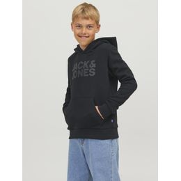 Jack & Jones Jungen Kapuzensweatshirt "JJECORP mit Druck, K&auml;ngurutasche, pflegeleicht", schwarz, Gr. 164, JACK & JONES JUNIOR, bedruckt, angeraute Sweatware,
