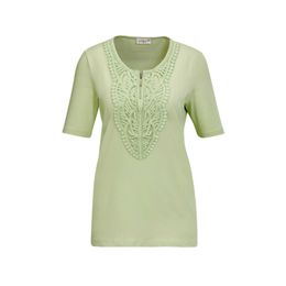 GOLDNER Damen Kurzarmshirt "Kurzgr&ouml;&szlig;e Rundhalsshirt mit H&auml;kelspitze", gr&uuml;n, Gr. 22, Obermaterial: 92% Baumwolle CO. 8% Elasthan EL., Shirts,