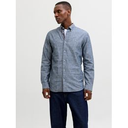 Jack & Jones JACK & JONES Herren Langarmhemd "JPRBLUSUMMER LINEN BLEND SHIELD LS SHIRT", blau, Gr. L, unifarben, Web, Obermaterial: 70% Baumwolle, 30% Leinen,