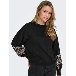Only Damen Sweatshirt "ONLBROOKE L/S O-NECK FLOWER SWT"schwarz detail:ethnic, Gr. XS, Sweatware, Obermaterial: 60% Baumwolle, 40% Polyester,