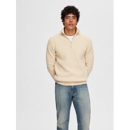 Selected Herren Troyer "SLHDANE LS KNIT STRUCTURE HALF ZIP NOOS", beige, Gr. XL, unifarben, Strick, Obermaterial: 100% Baumwolle, Pullover,