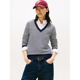 Tommy Hilfiger Damen V-Ausschnitt-Pullover "CO JERSEY STITCH V-NK SWEATER mit V-Ausschnitt und Ripp", blau, Basic, Gr. S, gestreift, Feinstrick,