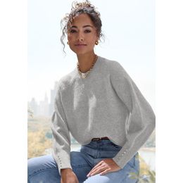 Lascana Damen Rundhalspullover, grau, Gr. 32, meliert, Strick, Obermaterial: 52% Polyester, 44% Polyacryl, 4% Elasthan, Pullover, mit Zierkn&ouml;pfen,