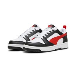 Puma Damen Sneaker "REBOUND V6 LOW", Gr. 45, wei&szlig;, Synthetik, unifarben, Schuhe, niedrig geschnitten, mit Schn&uuml;rverschluss, aus getrommeltem Leder