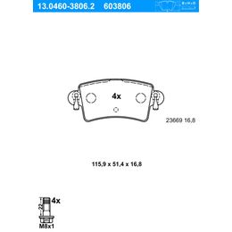 ATE Bremsbelagsatz, Scheibenbremse 13.0460-3806.2 hinten rechts links f&uuml;r RENAULT VAUXHALL NISSAN OPEL 1605982 8671016747 93173182