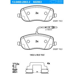 ATE Bremsbelagsatz, Scheibenbremse 13.0460-2863.2 vorne rechts links mit Zubeh&ouml;r f&uuml;r PEUGEOT FIAT CITRO&Euml;N 9949552 77363956 77362236