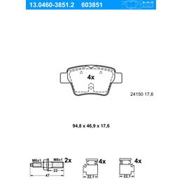 ATE Bremsbelagsatz, Scheibenbremse 13.0460-3851.2 hinten rechts links mit Zubeh&ouml;r f&uuml;r PEUGEOT 425419 425401