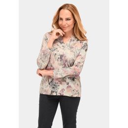 GOLDNER Damen Print-Shirt "Kurzgr&ouml;&szlig;e Florales Blusenshirt mit V-Ausschnitt", lila, Gr. 19, Obermaterial: 65% Polyester PES. 35% Viskose CV., Shirts,