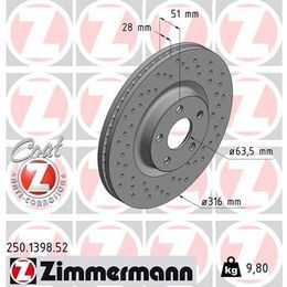 Zimmermann Bremsscheibe 250.1398.52 vorne rechts links Gelocht 316mm f&uuml;r FORD 2036566 G3GC-1125-CD