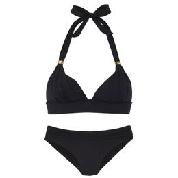 Lascana Damen Triangel-Bikini "Toni", schwarz, Gr. 42, unifarben, Microfaser, Recycling-Polyamid, Bikini-Sets, mit goldfarbenen Accessoires