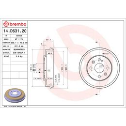 Brembo Bremstrommel 14.D631.20 hinten rechts links f&uuml;r MAZDA DF7126251