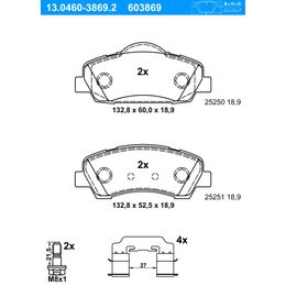 ATE Bremsbelagsatz, Scheibenbremse 13.0460-3869.2 vorne rechts links mit Zubeh&ouml;r f&uuml;r PEUGEOT 1610699280