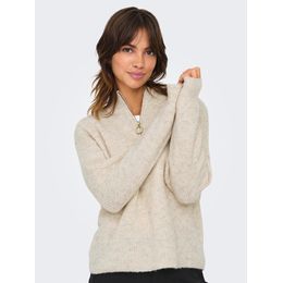 Only Damen Strickpullover "ONLTOKYO SOLID L/S ZIP PULLOVER KNT NOOS", beige, Gr. XL, meliert, Strick, Obermaterial: 79% Polyester, 13% Polyacryl, 5%