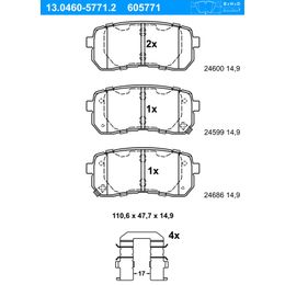 ATE Bremsbelagsatz, Scheibenbremse 13.0460-5771.2 hinten rechts links mit Zubeh&ouml;r f&uuml;r HYUNDAI KIA 58302-3JA00 58302-4DE00