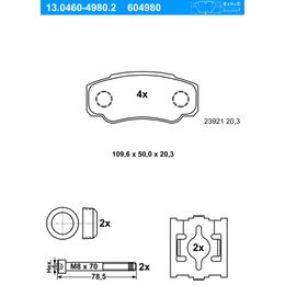 ATE Bremsbelagsatz, Scheibenbremse 13.0460-4980.2 hinten rechts links mit Zubeh&ouml;r f&uuml;r PEUGEOT FIAT CITRO&Euml;N 425247 9949407 9949408